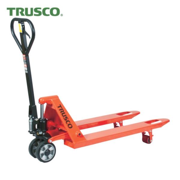 TRUSCO ハンドパレットトラック|特長:自重が軽量なため、特に負荷操作がしやすいです。 ロードホイールはシングルタイプで走行時に軽く動きます。 ステアリングホイールはゴム車輪、ロードホイールはポリウレタン車輪を使用しています。