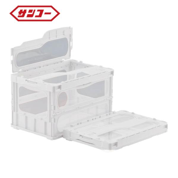 サンコー 折りたたみコンテナ|特長:スライドロック付で、安心して輸送できます。 マドコンよりも最大20%軽く、折りたたんだ際に30%薄くなっています。 明るいカラーと透明度の高い窓部で、底面以外のどこからでも中身を確認できます。
