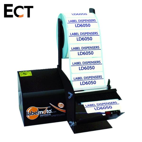 ECT ラベルディスペンサー|特長:ラベルを送り、剥がす自動のラベル剥離機です。 ロールラベルの巻き芯の内径が25mm以上であればセット可能です。 フォトセンサーがラベルの端を検知し、ラベルの形/ピッチを問わず使用可能です。