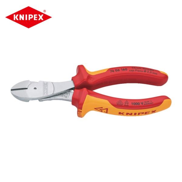 KNIPEX 絶縁ニッパ|特長:ジョイント部は鍛造軸カシメを採用し耐久性に優れています。 最適な刃の位置と角度、てこの原理を最大限発揮するデザイン、人間工学に基づいたハンドル形状の3点により、少ない力で高い切断能力を発揮します。 ピアノ線を...