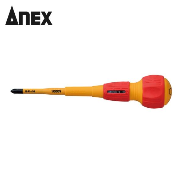 アネックス 絶縁ドライバー|特長:狭い個所に便利なスリム先端です。 マグネット付です。 先端部は金属軸を削り込んだことにより適度なトーション効果(ねじれ)が生まれ、ねじ締め付けの際の過剰トルクを吸収することで、カムアウトと呼ばれるドライバー...