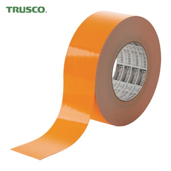 TRUSCO 蛍光ラインテープ|特長:鮮やかな蛍光色のラインテープです。 照明によって蛍光を発し鮮明に見えるため、強い注意喚起が必要な場所に最適です。 粘着力が強力ではがれにくくなっています。