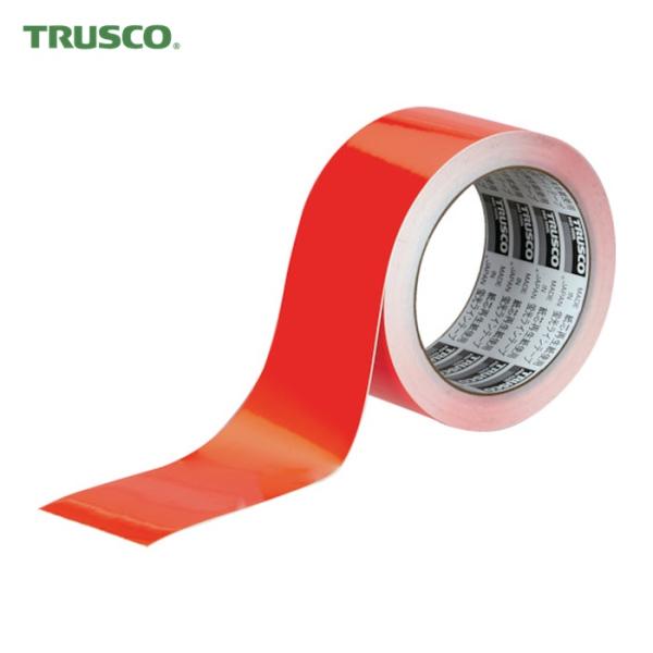 TRUSCO 蛍光ラインテープ|特長:鮮やかな蛍光色のラインテープです。 照明によって蛍光を発し鮮明に見えるため、強い注意喚起が必要な場所に最適です。 粘着力が強力ではがれにくくなっています。