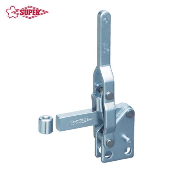 スーパー トグルクランプ(下方押え型)|特長:ほとんどの機種のカシメ(支持)ピンにステンレスを採用し、長期の使用に対応しています。 クランプアームの先に丸ナットを熔接接合して使用して下さい。