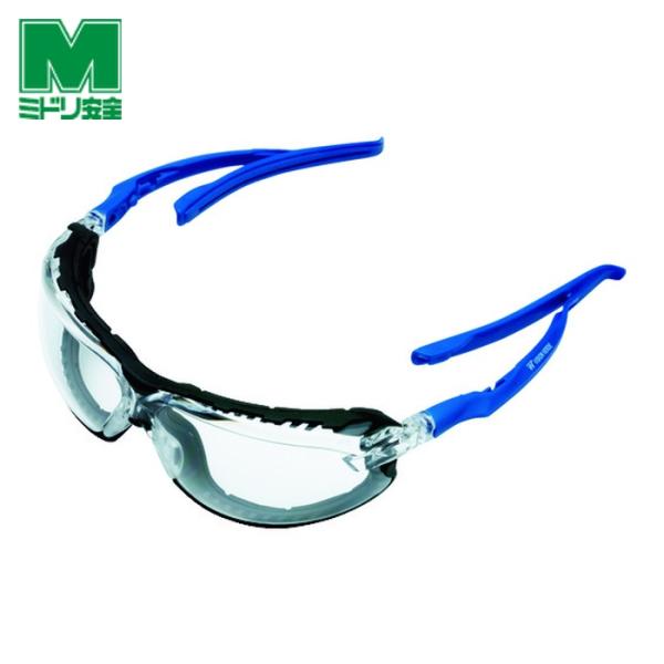 ミドリ安全 二眼型保護メガネ(フレームタイプ)|特長:クッションモールド付で高い密着性を実現しました。 頭の形状に沿って変形するシーソーテンプルで快適に装着できます。 曇り止め効果の高い超親水性のコーティングです。
