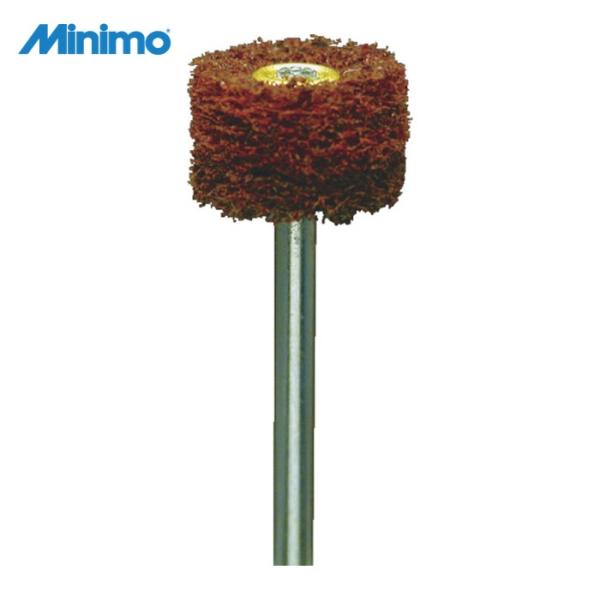 Minimo ナイロン軸付ホイール|特長:加工素材へのあたりがソフトでなじみが良く、平面、曲面を問わず作業ができます。 研削時の発熱が少なく被削材の研削焼けが起こりません。