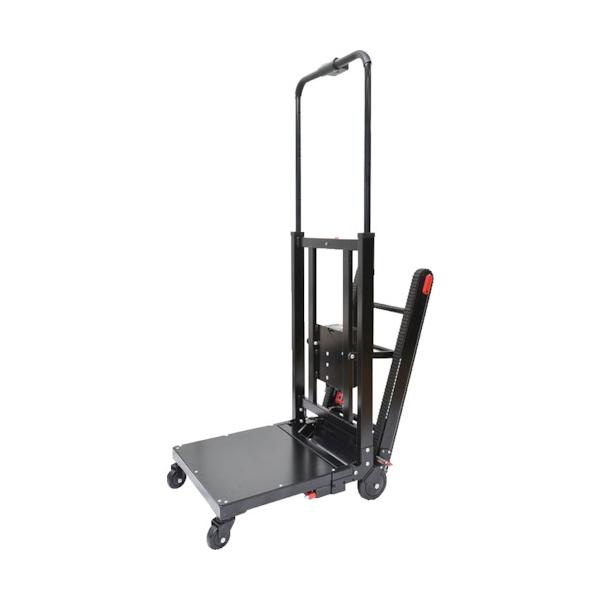 サンコー 電動式運搬車|特長:階段での荷物運搬が楽に行える電動階段のぼれる台車です。 荷台部分が折りたためるので、使わない時はコンパクトに片付けることが可能です。 最大150kgまでの荷物が運べます。