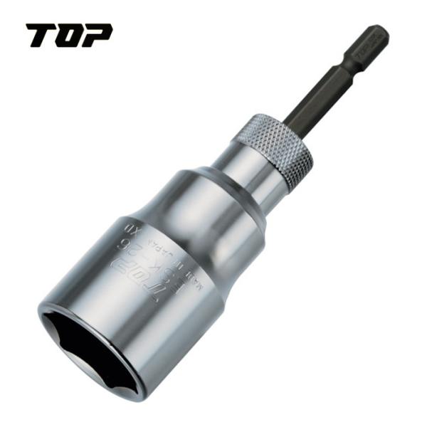TOP ソケットビット(電動工具用)|特長:軸が折れてもワンタッチで交換可能。 ソケット部は冷間鍛造成型。 ロングシャンク採用でより高トルクインパクトの使用でもねじれ応力を緩和し、軸折れを防ぐことで高耐久、長寿命を実現。