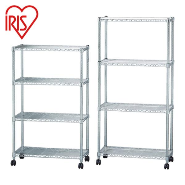 IRIS スチール製パイプ式棚(メッシュ棚タイプ)|特長:クロームメッキ仕上げのラックです。 クギやねじを使わずに簡単に組み立てることができます。 棚の高さは25mmピッチで変えることができます。