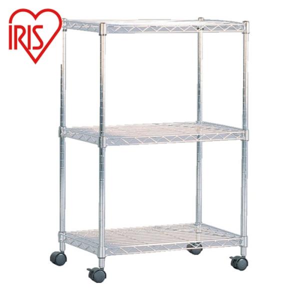 IRIS スチール製パイプ式棚(メッシュ棚タイプ)|特長:クロームメッキ仕上げのラックです。 クギやネジを使わずに簡単に組み立てることができます。 棚の高さは25mmピッチで変えることができます。