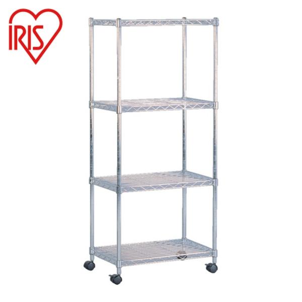 IRIS スチール製パイプ式棚(メッシュ棚タイプ)|特長:クロームメッキ仕上げのラックです。 クギやネジを使わずに簡単に組み立てることができます。 棚の高さは自由に変えることができます。