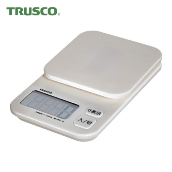 TRUSCO デジタルはかり|特長:見やすい大画面表示で、計量もカンタンです。 容器の中身だけはかれる風袋引き機能付です。 切り忘れにも安心のオートパワーオフ機能付です。