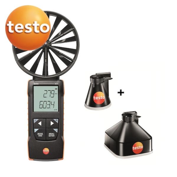 TESTO 風速計|特長:testo417は、風速・風温・風量を測定可能なベーン式風速計です。 ベーンの直径はおよそ100mm で、広い測定面を効率的に測定することができます。 オプションのファンネルやフローストレーナーを接続すると、整流で...