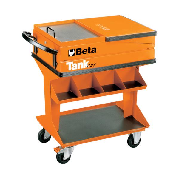Beta スチール製ワゴン(ボルトタイプ)|特長:使い勝手の良いオープンタイプです。 トロリーの蓋がそのままトレーになります。 サイズの異なる工具やパーツを収納して運べます。