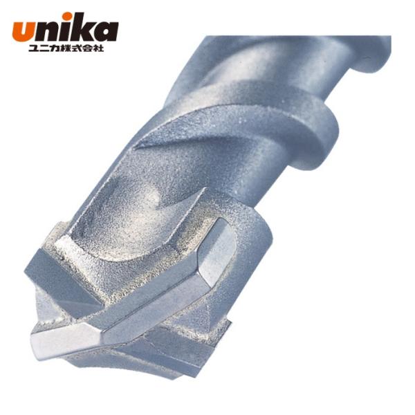 UNIKA コンクリートドリル(SDSplusシャンク)|特長:真円に近い穴あけが可能で、アンカー挿入がスムーズです。 刃先にクロス刃を採用したことにより、デッキプレートの貫通が可能です。 鉄筋に当たっても噛み込みが少なく、刃先と外径の摩耗...