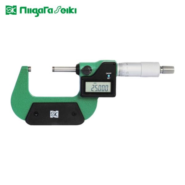 SK デジタル外側用マイクロメーター|特長:標準的で使いやすいデジタルマイクロメーターです。 25、50、75、100、125、150mmのラインナップがございます。 精度保証のため、検査時の数値を記した検査表付です。