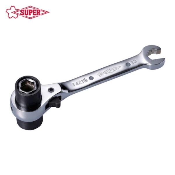 スーパー 両口ラチェットレンチ|特長:正逆は切り替え爪式です。 1丁で5サイズのボルト・ナットの締め付けが可能です。 配管バンド、各種ラックの締め付けに最適です。