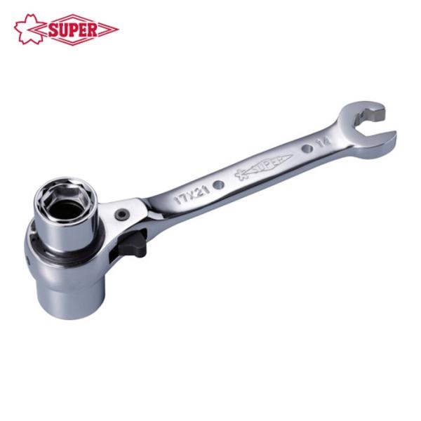 スーパー 両口ラチェットレンチ|特長:正逆は切り替え爪式です。 1丁で5サイズのボルト・ナットの締め付けが可能です。 配管バンド、各種ラックの締め付けに最適です。