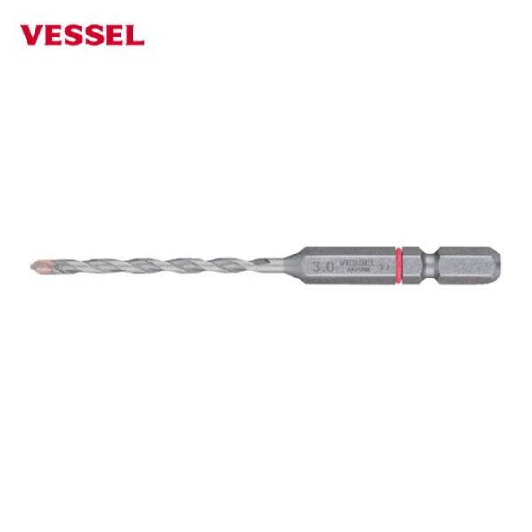 VESSEL コンクリートドリル(6.35六角軸)|特長:片刃非対称の新設計刃で切削抵抗が減り切削スピードと耐久性がアップします。 刃先を水で冷やせば、穴あけが回数アップします。 クッションリングでサイズを色分けしています。