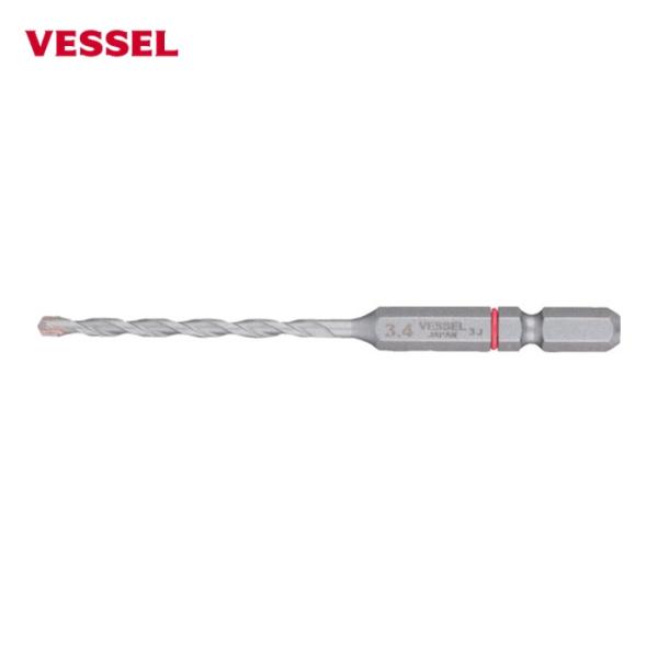 VESSEL コンクリートドリル(6.35六角軸)|特長:両刃2枚刃で切削の負荷を分散し高耐久です。 マルチタイプで様々な被削材の穿孔が可能です。 クッションリングでサイズを色分けしています。