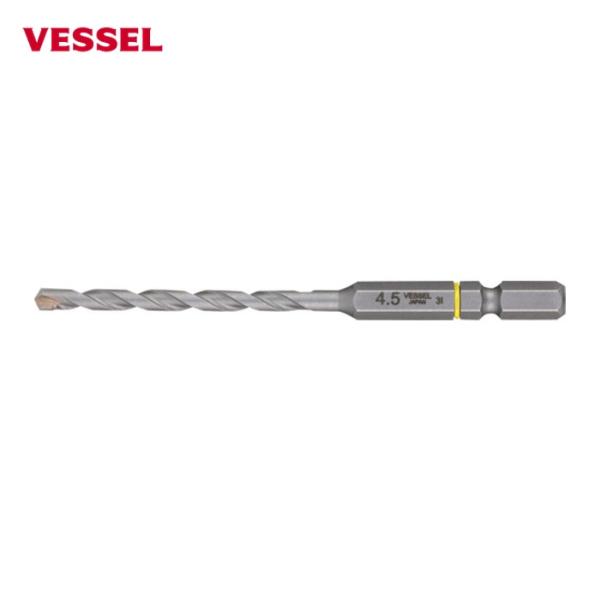VESSEL コンクリートドリル(6.35六角軸)|特長:両刃2枚刃で切削の負荷を分散し高耐久です。 マルチタイプで様々な被削材の穿孔が可能です。 クッションリングでサイズを色分けしています。