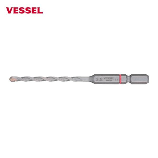 VESSEL コンクリートドリル(6.35六角軸)|特長:片刃非対称の新設計刃で切削抵抗が減り切削スピードと耐久性がアップします。 刃先を水で冷やせば、穴あけが回数アップします。 クッションリングでサイズを色分けしています。