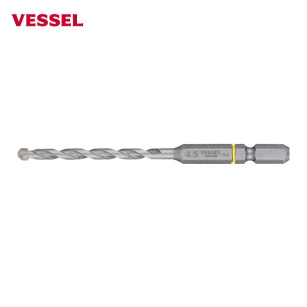 VESSEL コンクリートドリル(6.35六角軸)|特長:片刃非対称の新設計刃で切削抵抗が減り切削スピードと耐久性がアップします。 刃先を水で冷やせば、穴あけが回数アップします。 クッションリングでサイズを色分けしています。