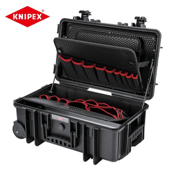 KNIPEX プロテクターツールケース|特長:防塵、密閉、防水性に優れています。 ボトムトレイはアルミニウム仕切システムで自由にレイアウト可能です。 圧力調整バルブ、伸縮ハンドル、キャスター付きで飛行機での出張に最適です。