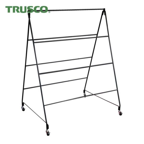 TRUSCO ディスプレイラック|特長:7本のパイプで、小さなスペースでもたっぷり吊り下げが可能です。 折り畳みが可能で、運搬や収納時にスペースを取りません。 キャスター付きで移動が楽に行えます。
