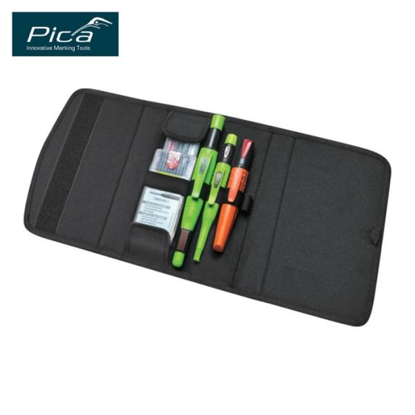 ピカマーカー 建築用ペン|特長:大工、屋根職人、配管工、石工、レンガ職人向けのマーキングセットです。 ベルクロファスナーとセーフティキャッチ付きです。 引き出し式吊り下げ機能付きです。