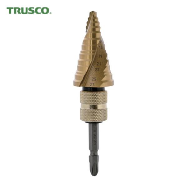 TRUSCO ステップドリル(六角軸タイプ)|特長:独自開発のスパイラル刃で切り粉の溶着が減少しました。 刃寿命がアップしました。 ナイスマイティ太径サイズで六角軸(6。