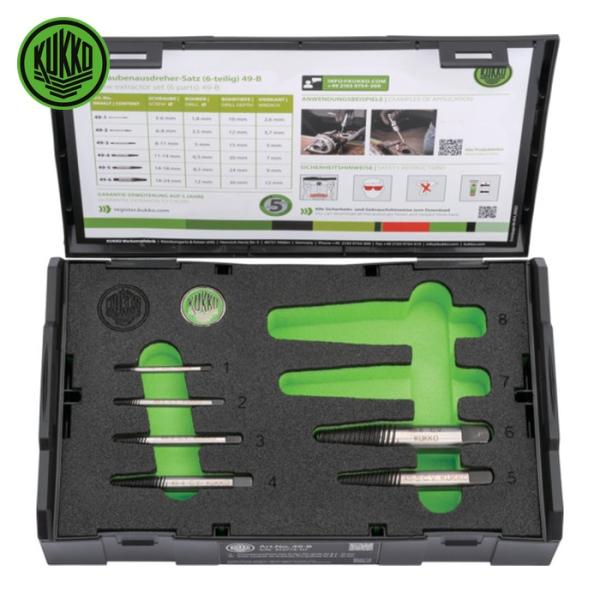 クッコ 折れ込みボルト除去工具セット|特長:細かい溝が折れ込みボルトに確実に食い込み除去します。 クロームバナジウム鋼製で耐久性に優れています。 ケース内には型取りフォームが入っておりツールの紛失予防になります。