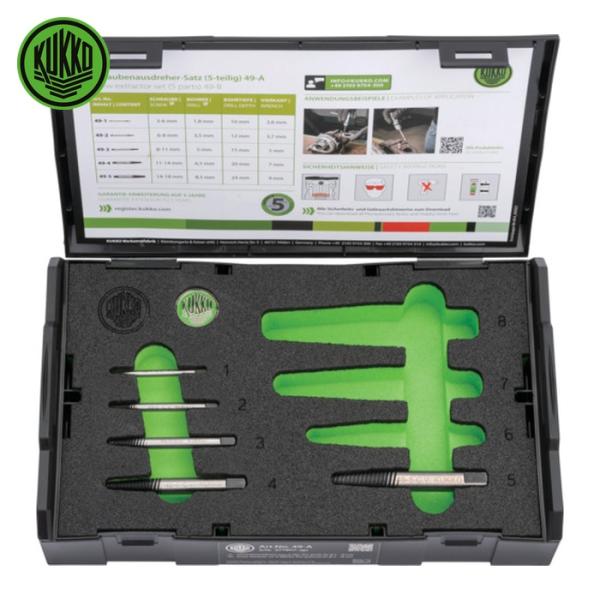 クッコ 折れ込みボルト除去工具セット|特長:細かい溝が折れ込みボルトに確実に食い込み除去します。 クロームバナジウム鋼製で耐久性に優れています。 ケース内には型取りフォームが入っておりツールの紛失予防になります。