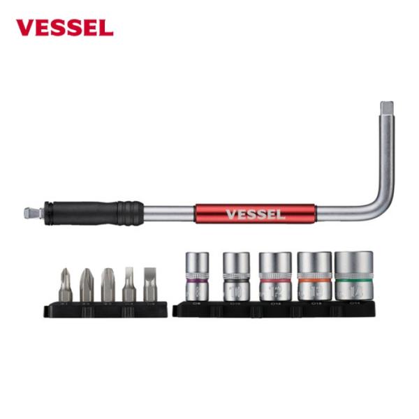 VESSEL 六角棒ドライバー|特長:前にスライドでビット、後ろにスライドでソケット、ソケットもビットも使える2WAYドライブです。 首振りドライブ・回転グリップで軽快に早回しができます。 本締めは短軸側でできます。