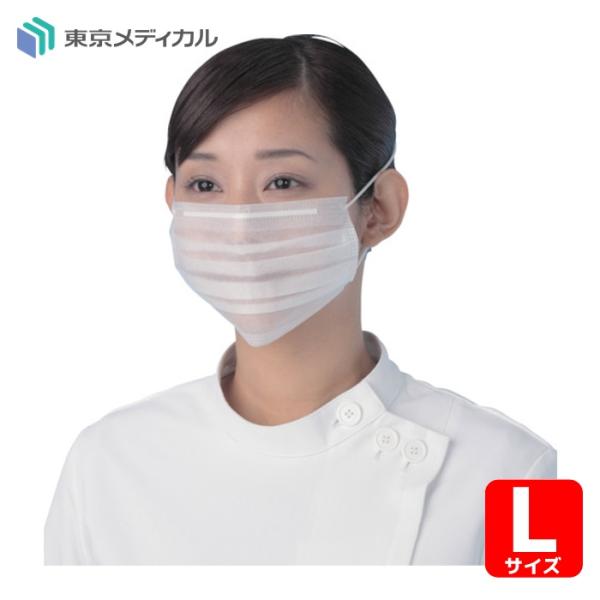 東京メディカル 一般作業用マスク|特長:オーバーヘッドタイプなので、耳にまったく負担がかかりません。 キャップの上から使用できます。 プリーツをWオメガ構造にすることで、口元に広い空間を確保でき、頬部分にフィットします。