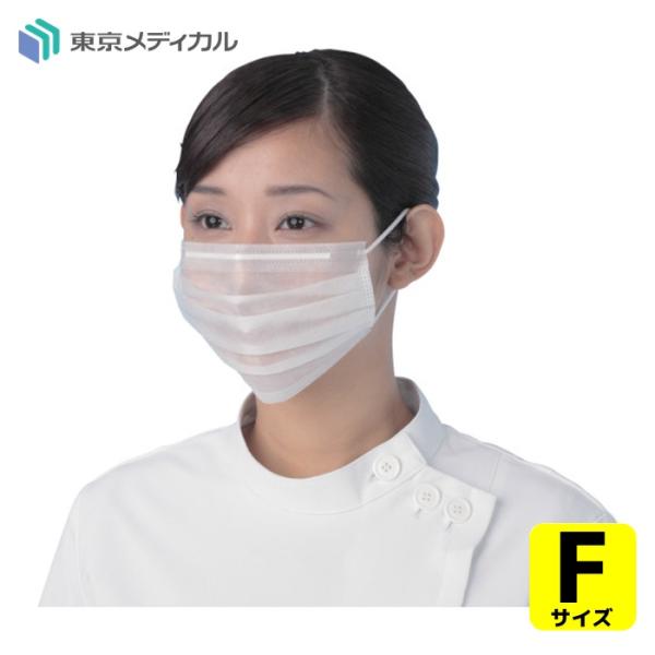 東京メディカル 一般作業用マスク|特長:プリーツをWオメガ構造にする事で、口元に広い空間を確保でき、頬部分にフィットします。 耳ゴムの接着部分を外側に出し、肌荒れに気配りしています。 使いやすいノーズブリッジ(PET樹脂使用)で、装着簡単です。