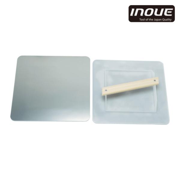 INOUE コテ板|特長:塗装やクロス下地(パテの穴うめやひび割れ等)の処理に使用します。 表面がステンレス製なので金属のヘラを使用しても、へこむような傷がプラスチック製のものと比べて格段につきづらく、良好な作業ができるのが大きな特長です。