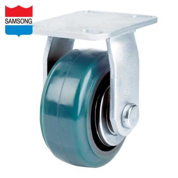 SAMSONG プレート式重荷重用キャスター(ウレタン車)|特長:軸かしめピンのない自在旋回プレート一体型・S45C金属を熱間鍛造したもので、耐久性に優れています。