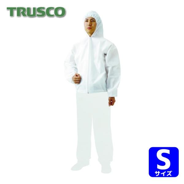 TRUSCO 使い捨て保護服|特長:前部は、表面コートしていますので油汚れやホコリが付きにくく浸透も防ぎます。 背面部は、通気性に優れ蒸れにくくなっています。 焼却処分しても有害ガスが発生しません。