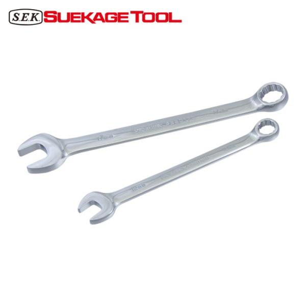 スエカゲ コンビネーションスパナ|特長:メガネとスパナを合体させた片目片口レンチです。 スパナ部で早回し、メガネ部で本締めができます。