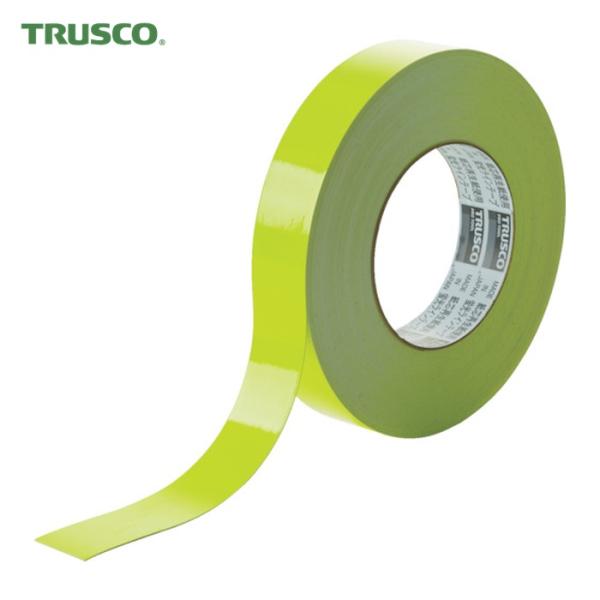 TRUSCO 蛍光ラインテープ|特長:鮮やかな蛍光色のラインテープです。 照明によって蛍光を発し鮮明に見えるため、強い注意喚起が必要な場所に最適です。 粘着力が強力ではがれにくくなっています。