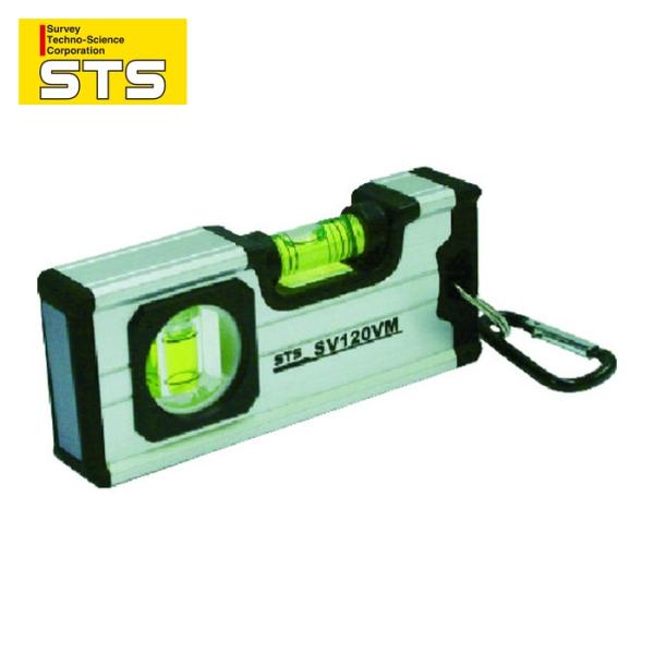 STS アルミ製水平器|特長:パイプの上にも設置が容易なV字測定面でマグネット付です。 両端に衝撃性に優れたプロテクトラバー付です。 腰袋などへの着脱にも便利なカラビナ付です。