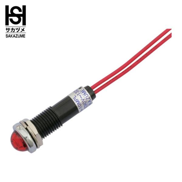 サカヅメ LED表示灯|特長:抵抗器内蔵の高輝度LED表示灯です。 AC/DC100V用電源にダイレクトに接続できます。 長さ200mmのリード線(UL1430 AWG24)付です。