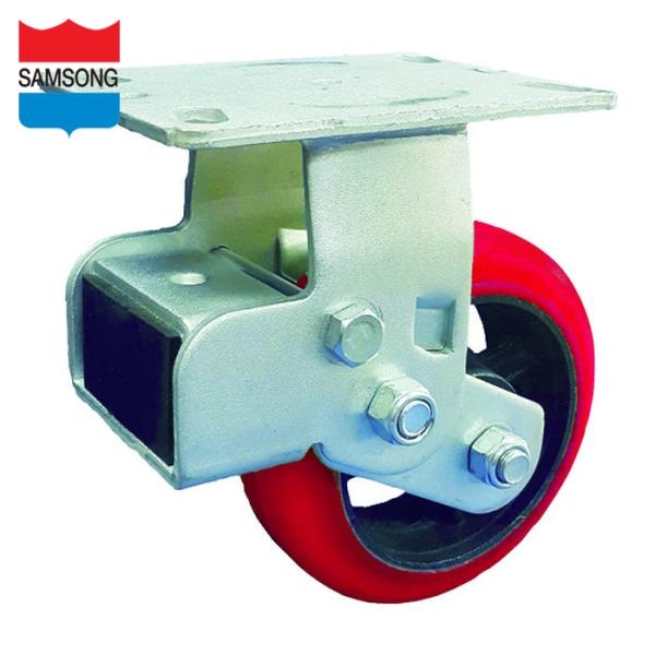 SAMSONG プレート式緩衝キャスター(ウレタン車)|特長:スプリング機能を加えたゴムを入れており、緩衝性と静音性に優れています。 振動、騒音防止の運搬台車用キャスターです。