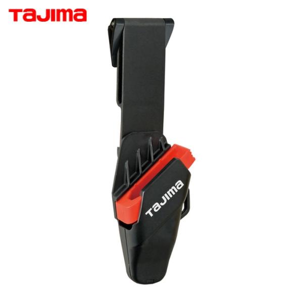 タジマ カッターナイフ|特長:激しい動きで外れることが無いロック付ホルスターです。 親指でワンタッチ解除、スムーズに引き抜けます。 自分の角度が選べる45度回転ホルスターです。