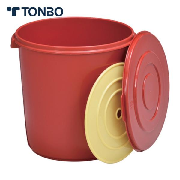 TONBO 食品用容器|特長:押しフタ付です。 空気との接触面が少ない深型設計です。 味噌作り約21kgに最適な容器です。