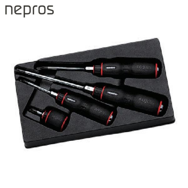 nepros グリップドライバー|特長:グリップは早回しのしやすい四角形状です。 二重構造のグリップの採用により、より良いフィット感を創出しています。 先端はマグネット付です。