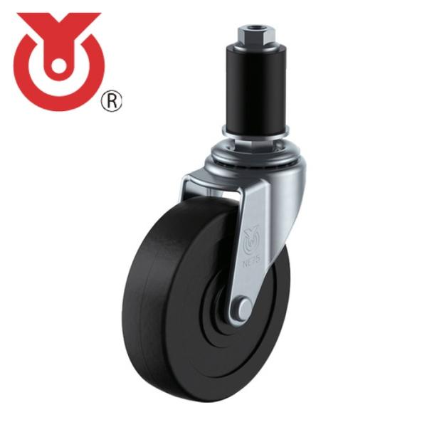 ユーエイ パイプ差し込み式キャスター(ゴム車)|特長:標準的な小型キャスターです。 溶接やめねじなどの必要がなく、取り付けが簡単なキャスターです。 走行性に優れたゴム車輪を使用しています。