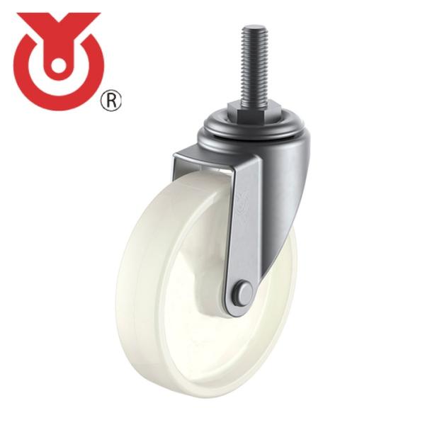 ユーエイ ねじ込み式ステンレス金具キャスター(ナイロン車)|特長:耐水性・耐食性に優れたオールステンレス製金具を使用しています。 耐摩耗性に優れたナイロン車輪を使用しています。