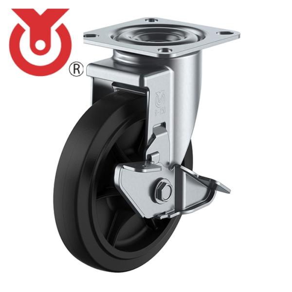 ユーエイ プレート式ゴムキャスター|特長:ボックスパレットで使用されている標準ピッチです。 取付ピッチが自在、自在ストッパー付共に同一です。